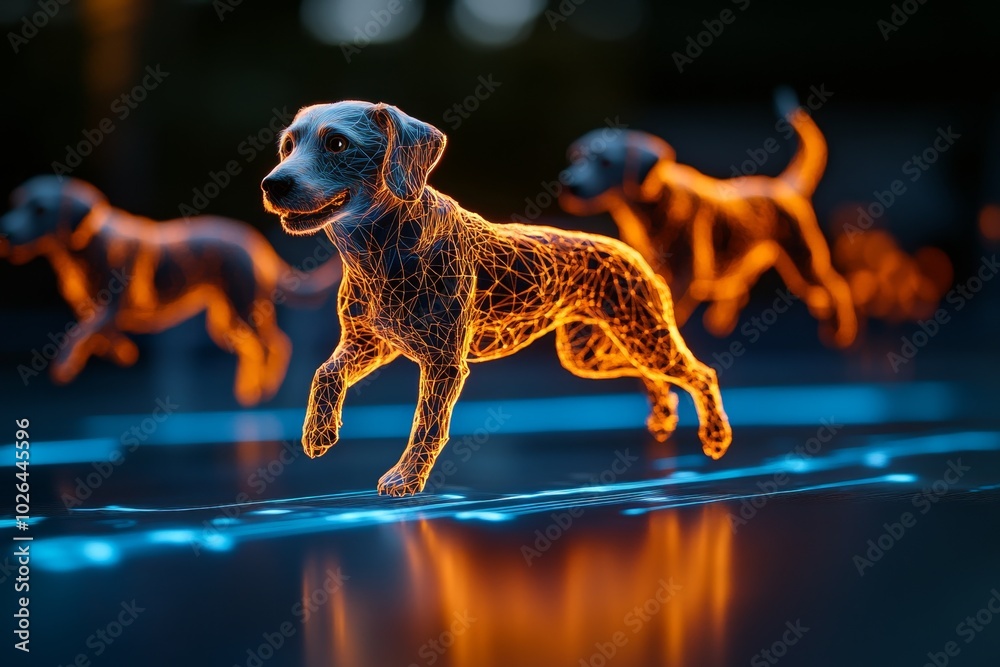 Holographic dogs playing together in a virtual park, where their forms ...