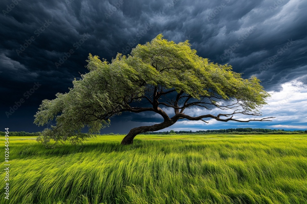 Willow tree in the midst of a summer storm, its branches bending dramatically in the wind ...