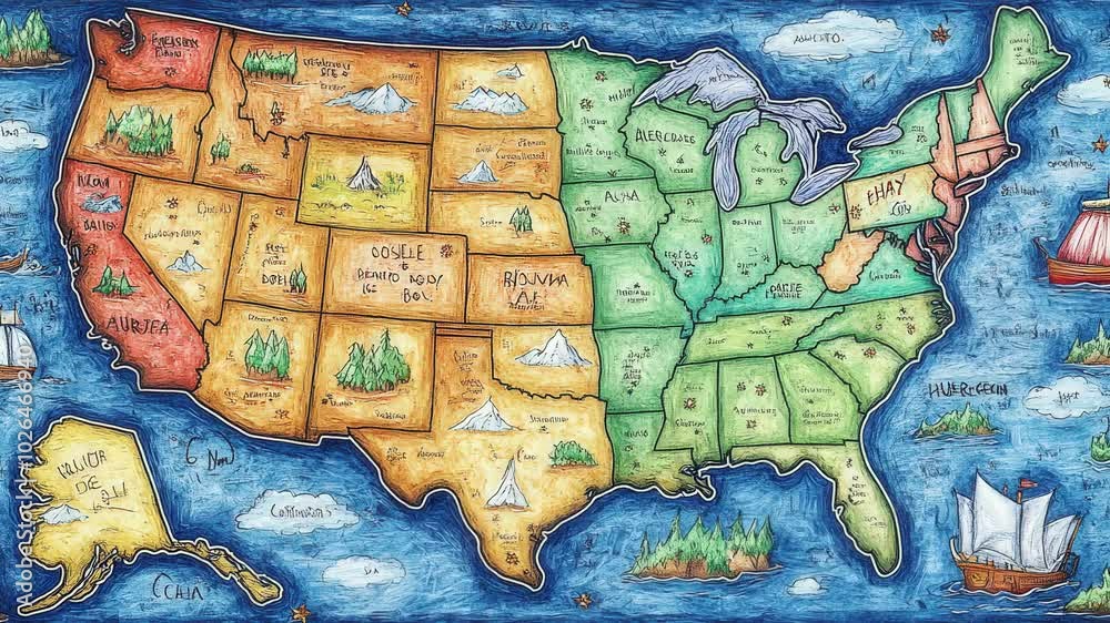 Explore a beautifully illustrated map of the United States featuring ...