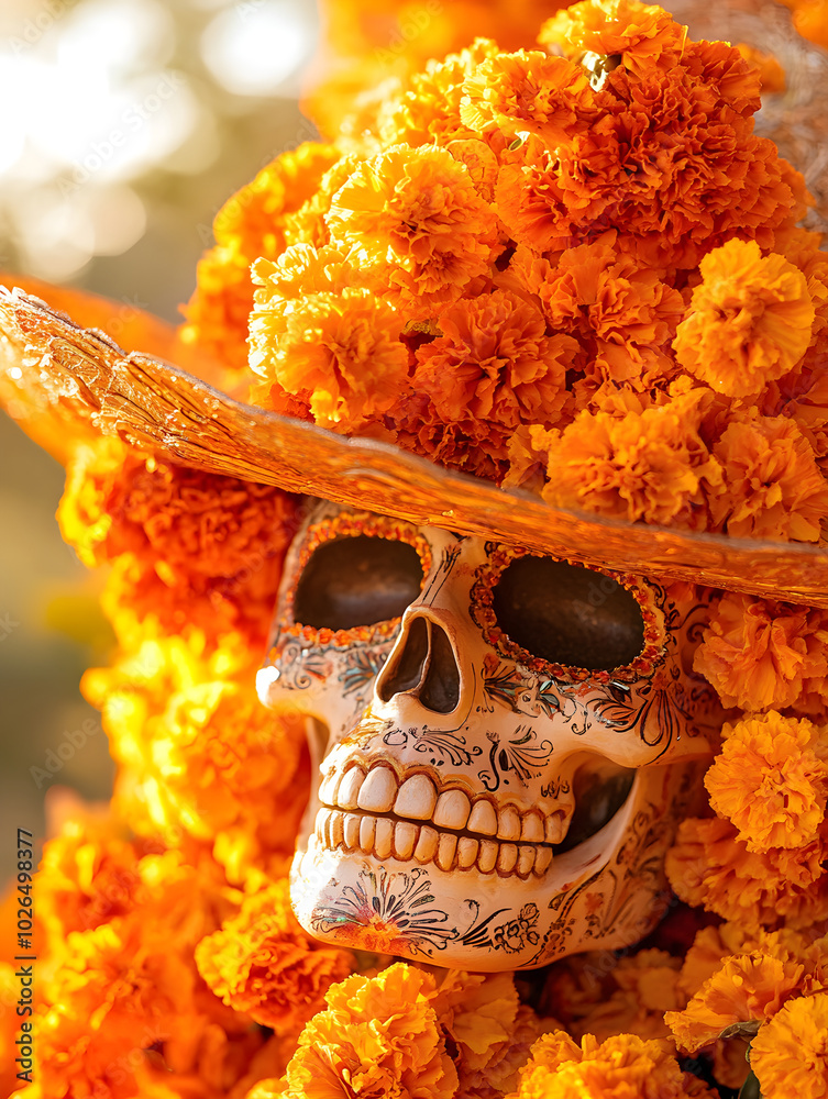 Mexican skeleton with sugar skull makeup and sombrero hat in marigold ...