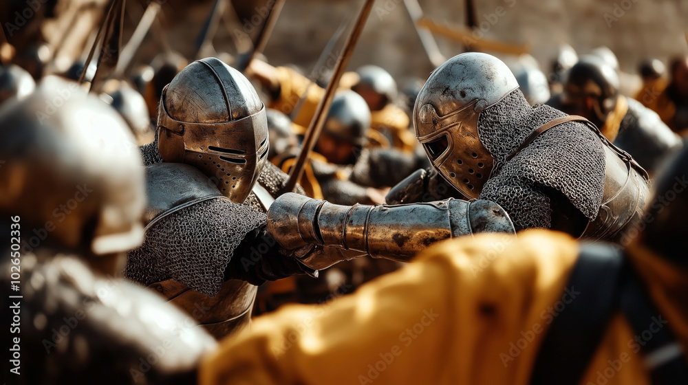 Medieval reenactment battle scene with armored knights in chainmail and metal helmets engaged in ...