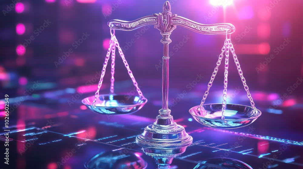 A silver scale of justice sits on a futuristic digital background ...