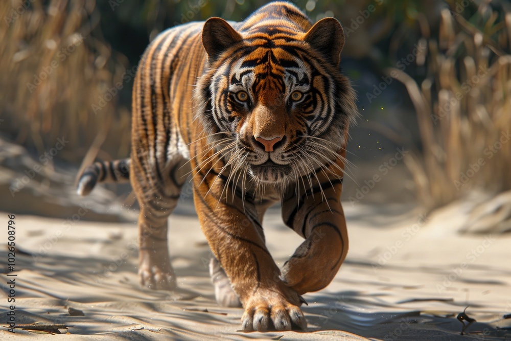 Wildlife photo of a tiger walking across a sandy field Stock Photo ...