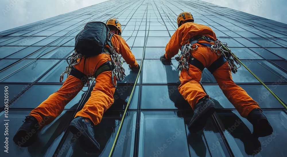 Two workers rappelling down a tall glass building on a clear day to ...