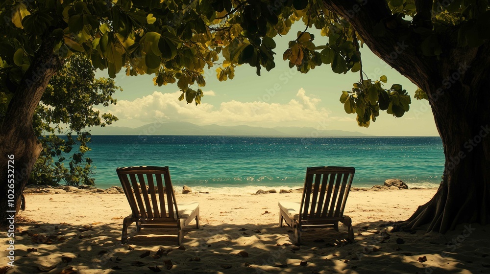 Two wooden lounge chairs on a sandy beach with a clear view of the ...