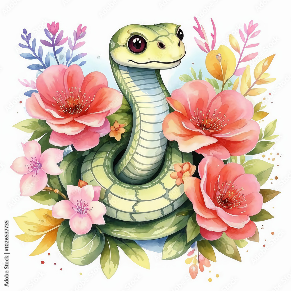 cute snake with flowers. the symbol of the new year 2025. watercolor ...