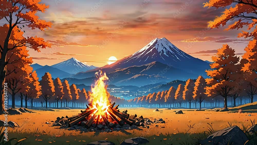 Glowing campfire at sunset surrounded by autumn trees with a scenic ...