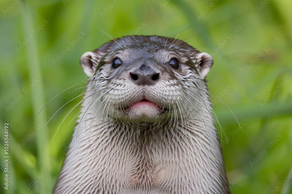 a river otter with its face filling the frame. The otter has large ...