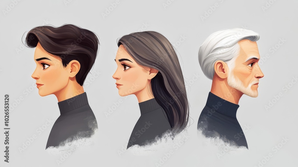 Illustration depicting three profiles showing age progression from ...