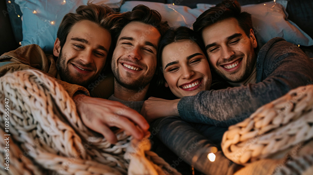 Polyamorous couple of three people, two men and one woman, relaxing at ...