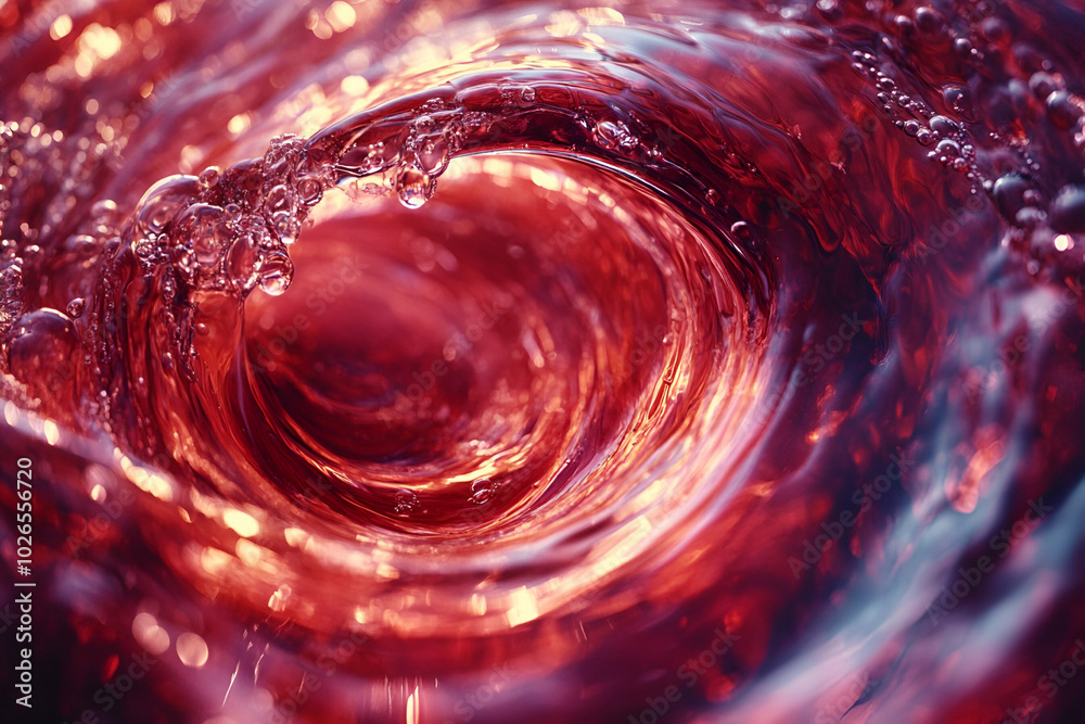A swirl of red water with a splash of blue. The water is moving in a ...