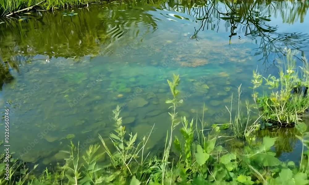 Dolly in with natural colors: A serene, clear pond with natural colors ...