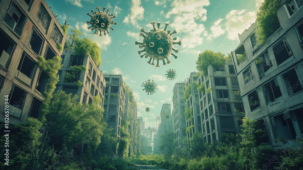 An apocalyptic scene of nature reclaiming a city after a viral outbreak ...