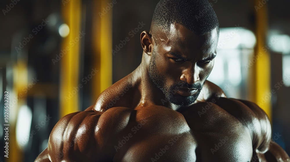 Bodybuilder flexing muscles in a gym with intense focus and strength ...