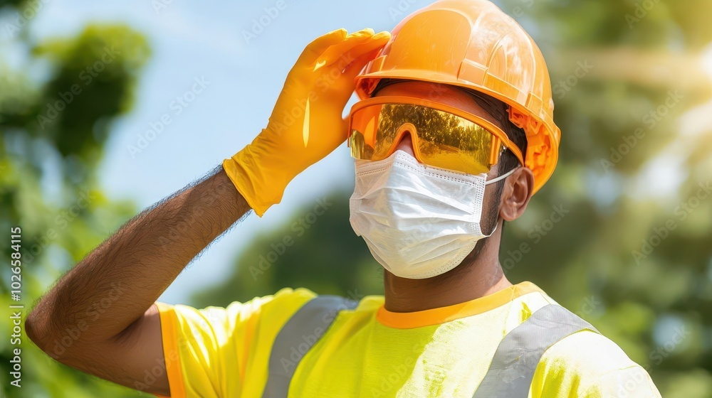 Outdoor construction worker applying sunscreen on arms and face ...