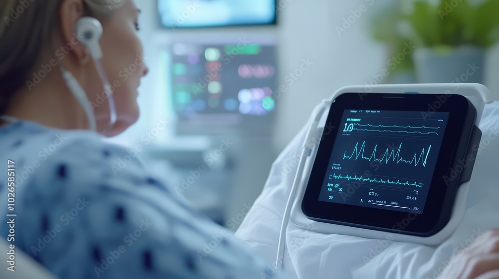 AI-powered portable ECG monitor, tracking real-time heart data, close ...