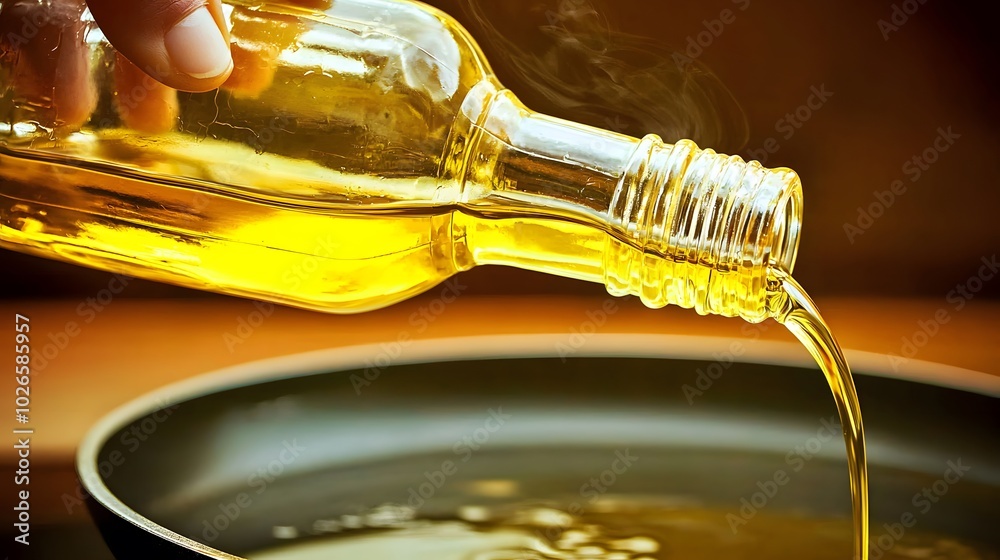 Soybean Oil Bottle Pouring: A hand pouring soybean oil into a frying ...