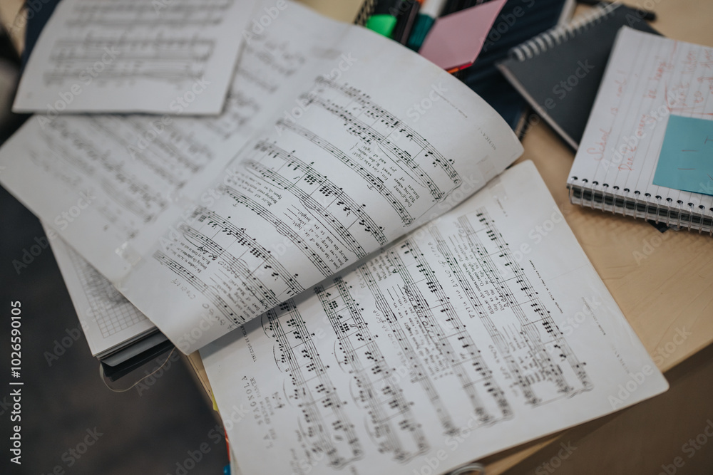 Open sheet music and notebooks are laid out on a desk, depicting ...