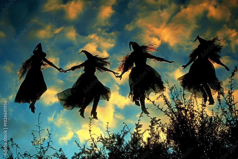 Four silhouetted witches holding hands and floating mid-air against dramatic sunset sky, magic ...