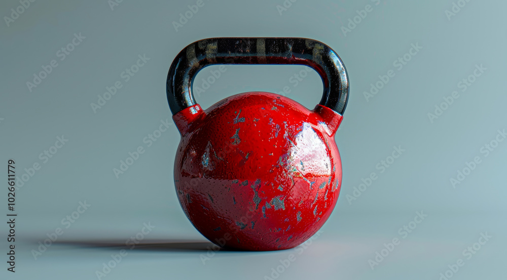 A red kettlebell sits on a grey surface. The kettlebell is old and worn ...