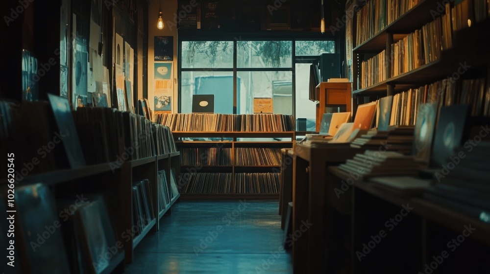 Rows of vinyl records line the shelves of a dimly lit record store ...