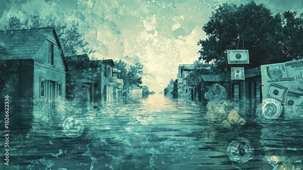 Flood Insurance Concept: Engaging Stock Illustration in Blues and ...