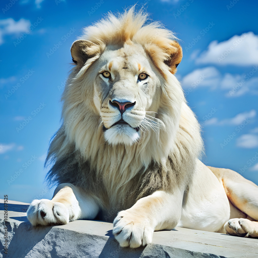 Lion king. Lion is lying on the stone resting against sky. A huge male white lion lying down in ...