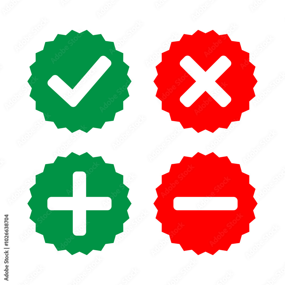 Right, wrong and add, subtract icon set in zig-zag circle in green and ...