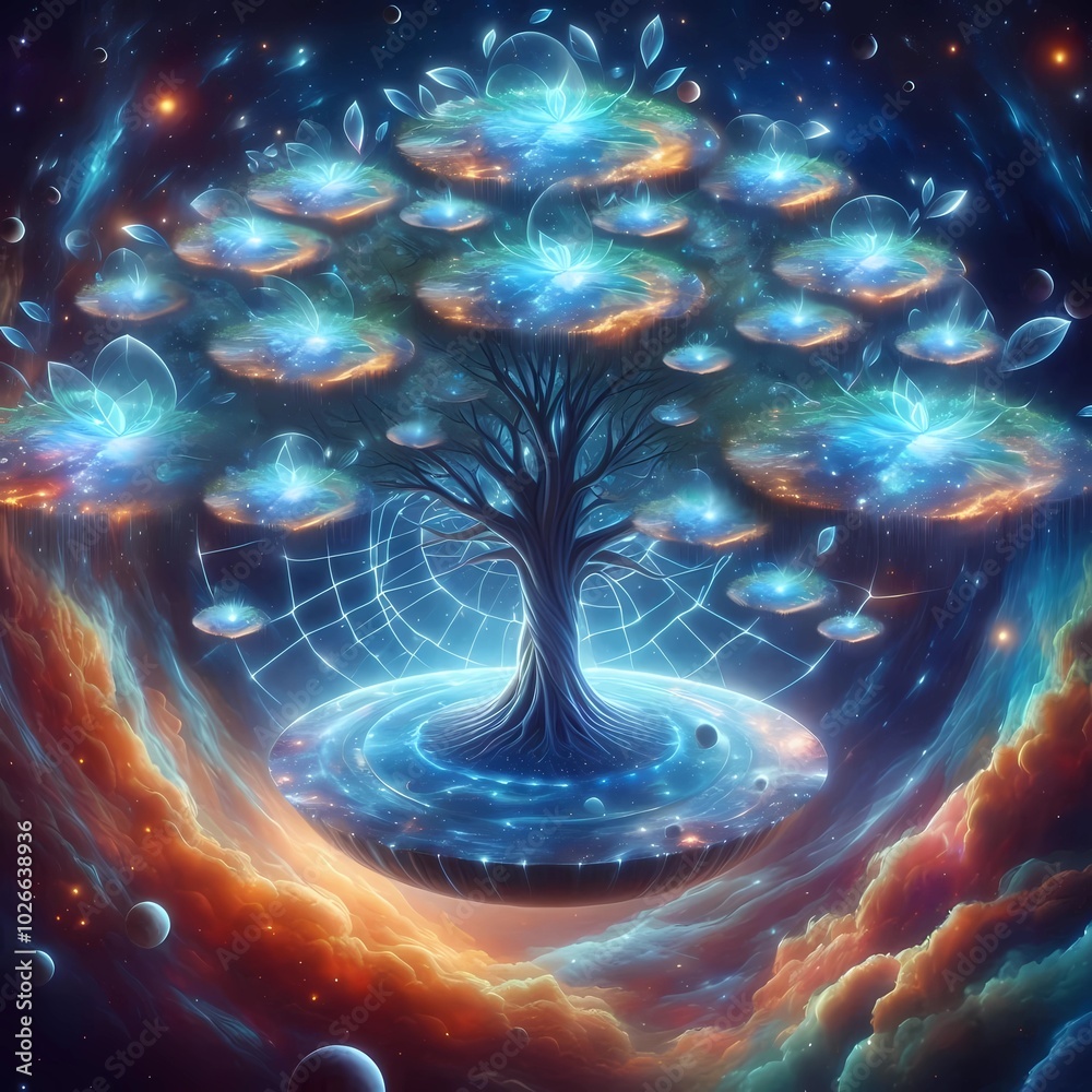A floating cosmic tree where each leaf is a mini portal to another ...