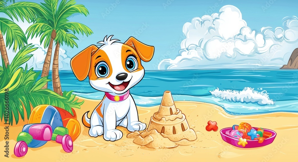 In this modern cartoon, a cute puppy is building a sand castle on the ...
