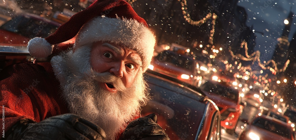 Santa delivering presents through a city at night, but looking ...