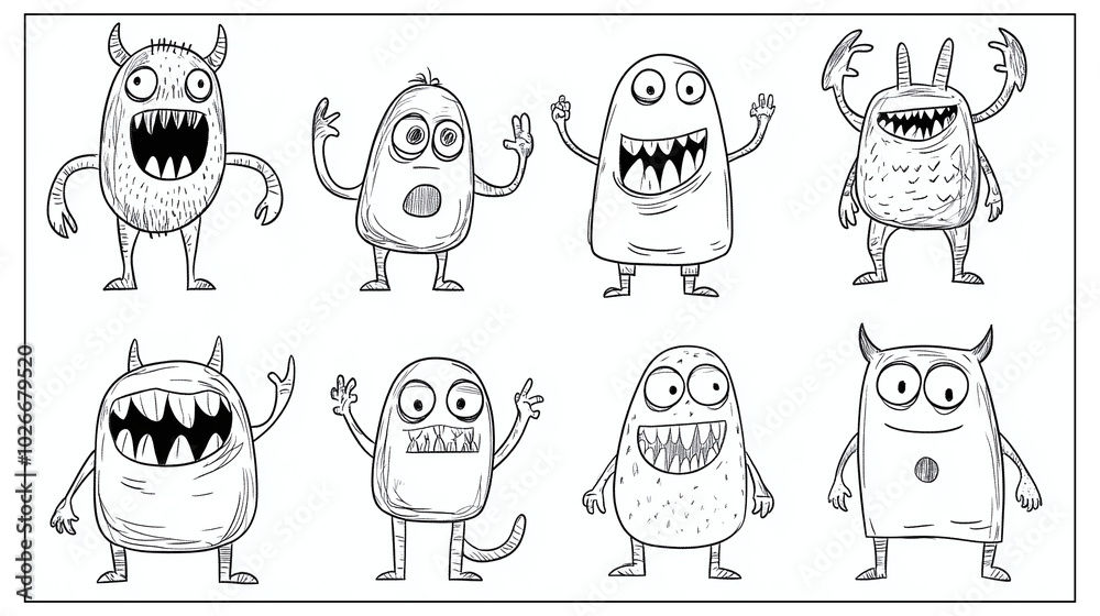 set of doodle cartoon characters color page, humor funny monster zombie ...