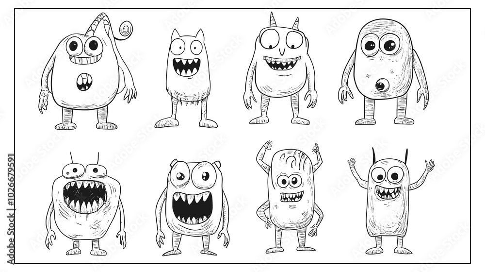 set of doodle cartoon characters color page, humor funny monster zombie ...