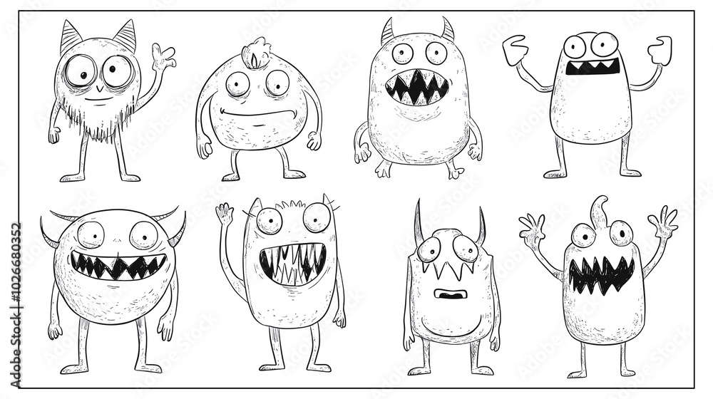 set of doodle cartoon characters color page, humor funny monster zombie ...