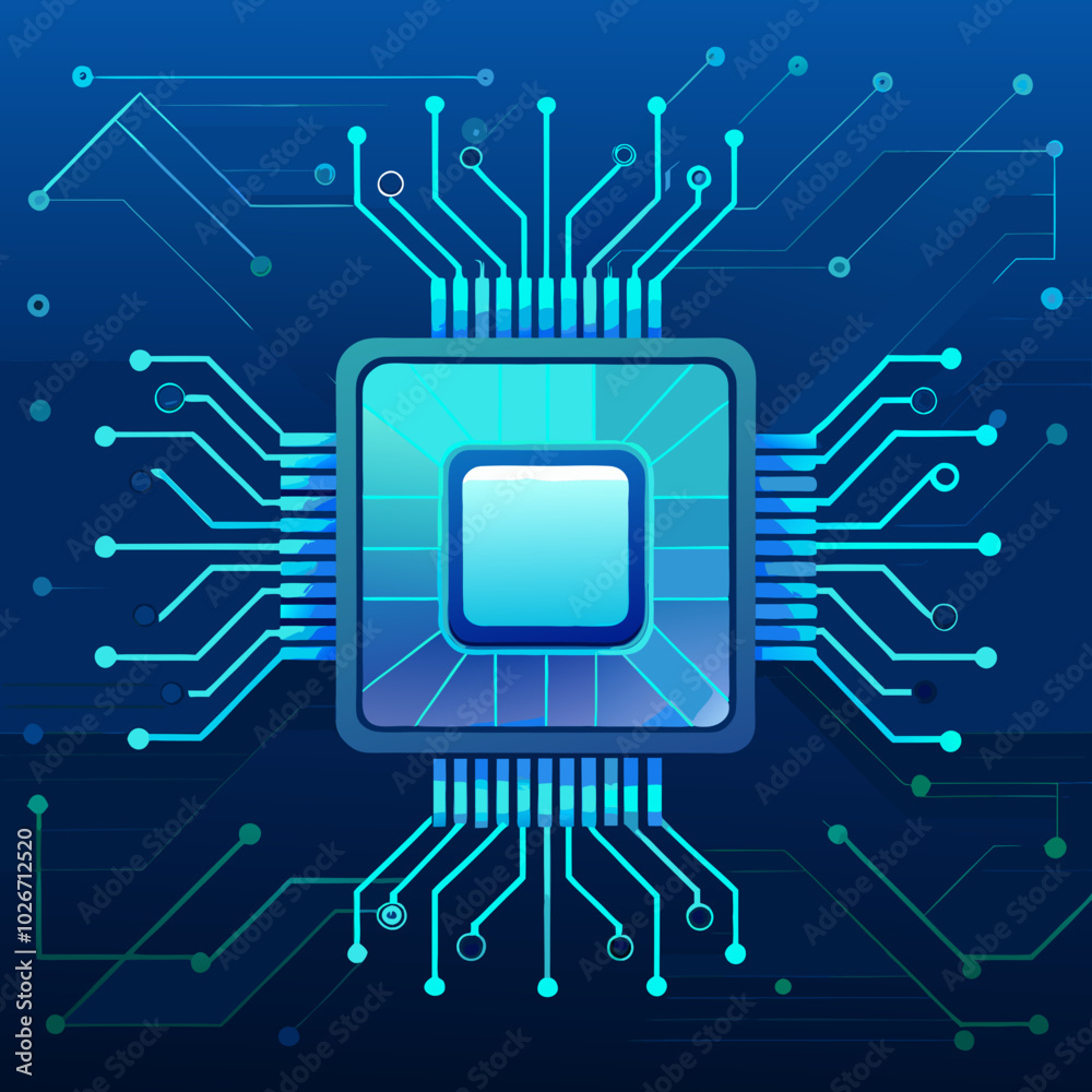 Glowing light blue neon AI chip with thin circuit contact lines. AI ...
