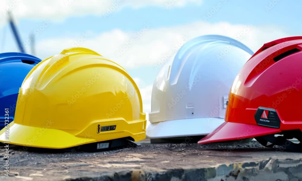 variety of colored safety helmets on a construction site represents ...