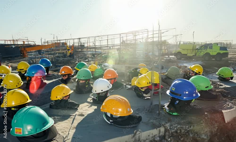 variety of colored safety helmets on a construction site represents ...
