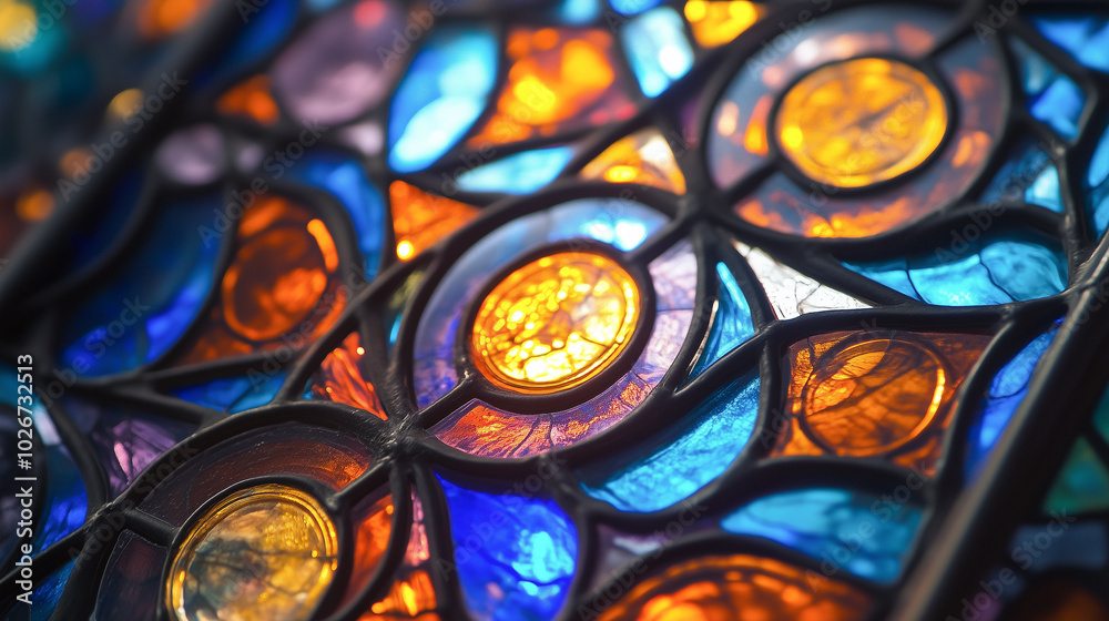 Stained glass window with blue, orange, and purple patterns creating ...