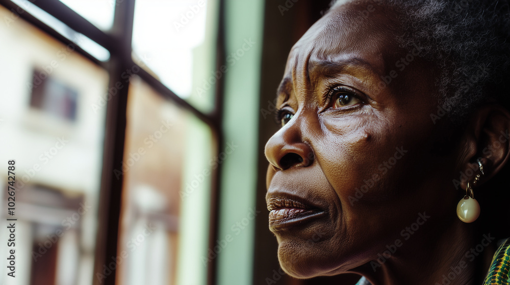 Closeup portrait of elderly black woman with a grave facial expression ...
