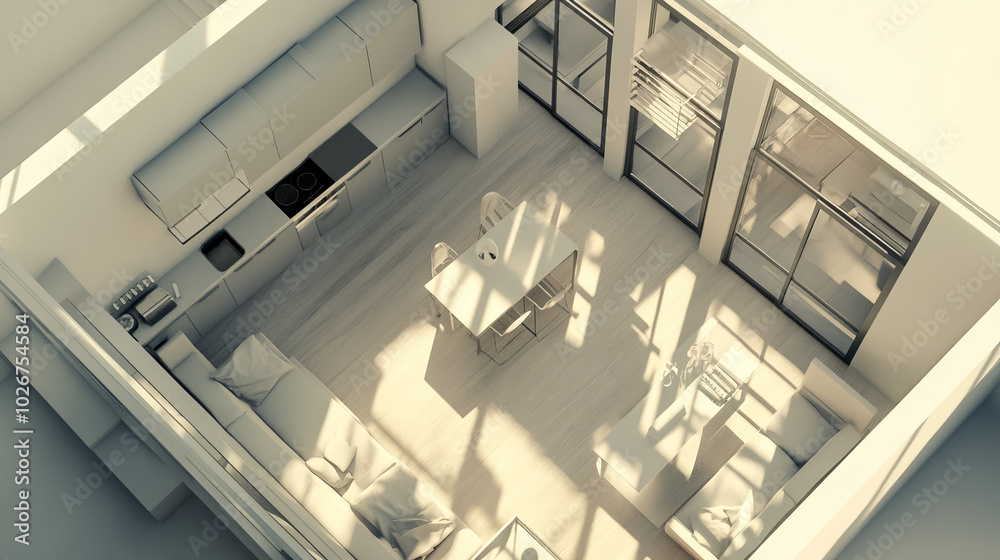 A 3D drawing of a house from above, showing how the rooms are arranged ...