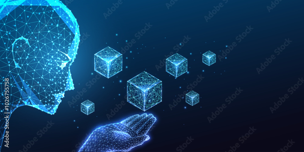 Decentralized systems concept. AI robotic head holding blockchain ...