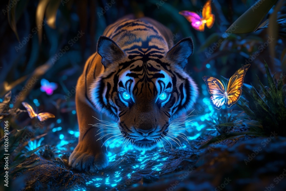 Mystical tiger prowling through a glowing jungle, with bioluminescent ...