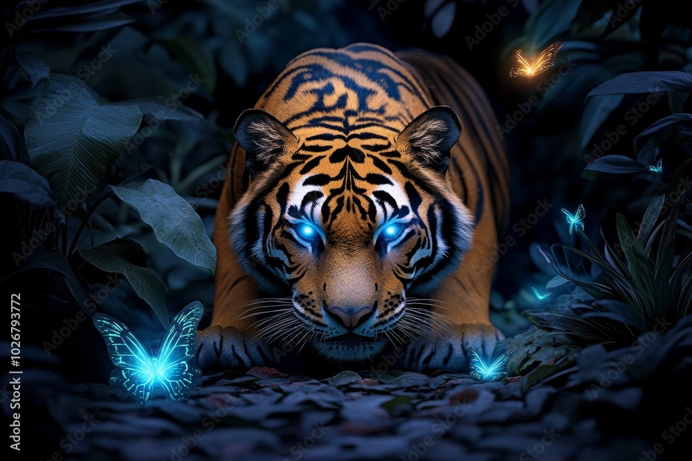 Mystical tiger prowling through a glowing jungle, with bioluminescent ...
