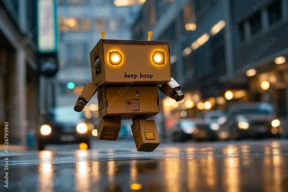 Person wearing a cardboard box robot costume, moving stiffly like a ...