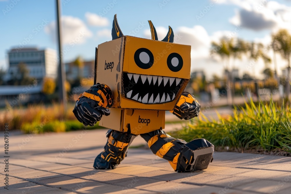 Person wearing a cardboard box robot costume, moving stiffly like a ...