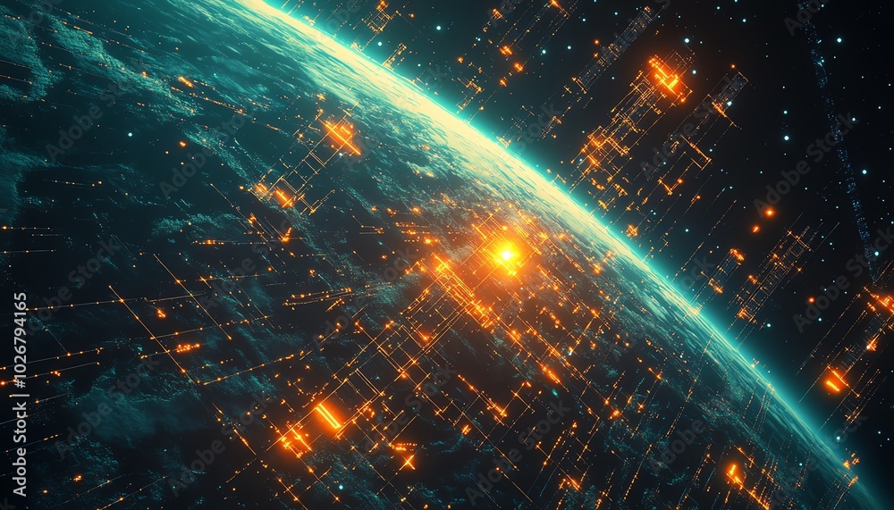 Stylized view of a global communication infrastructure, displaying ...