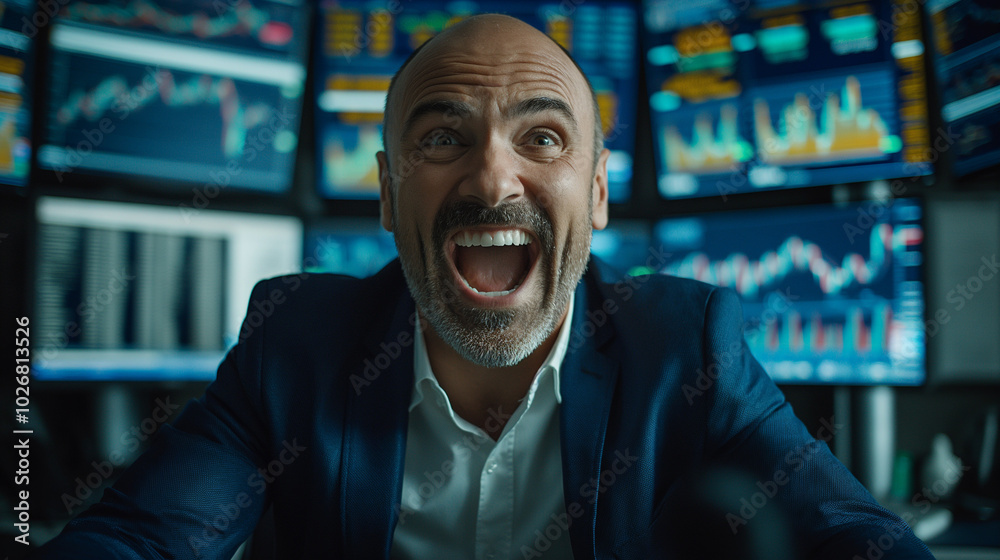 Excited businessman in dark blue suit reacts to rising stock charts ...