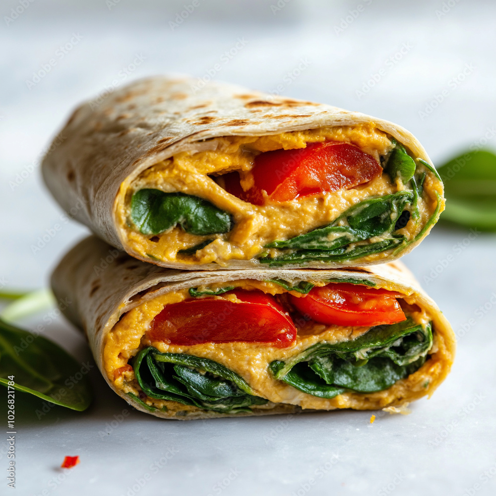 Veggie wrap burrito, spinach, and roasted red peppers, sliced in half ...