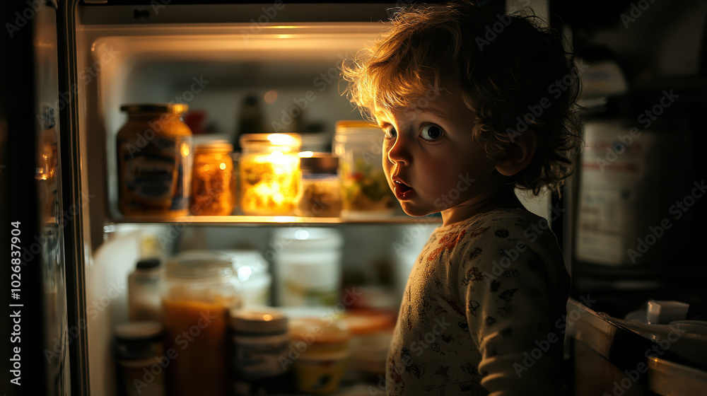 Surprised child standing in front of open fridge, illuminated by soft ...