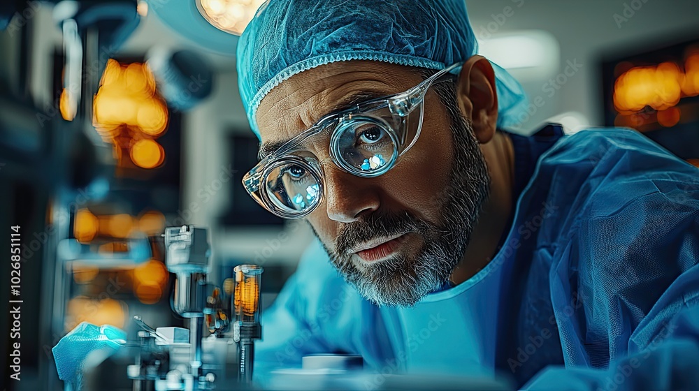 Poster A surgeon performs delicate eye microsurgery under bright lights ...